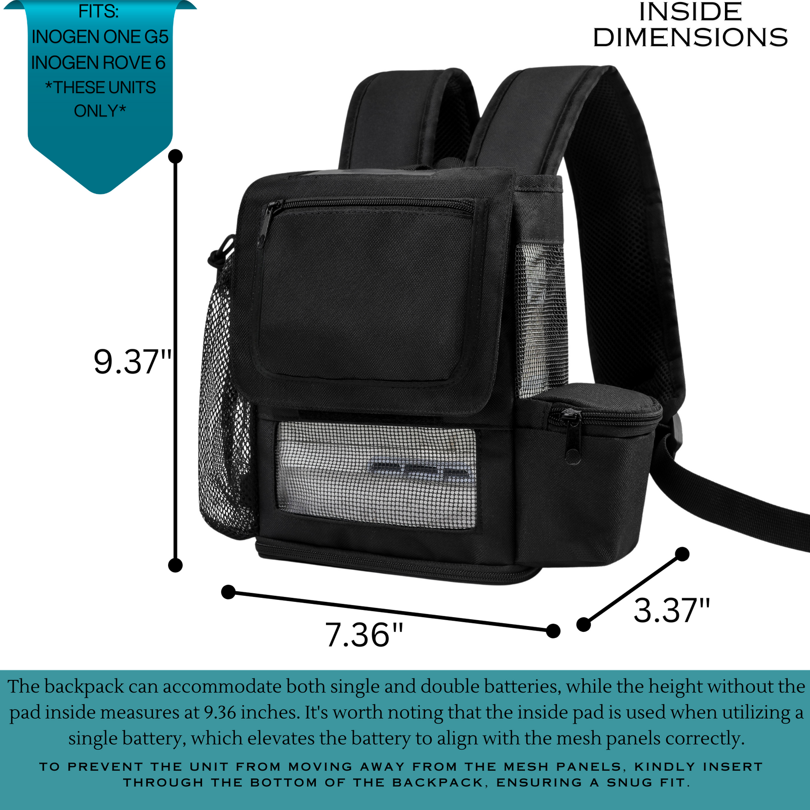 o2totes Inogen One G5 & Inogen Rove 6 Lightweight Backpack in black; S