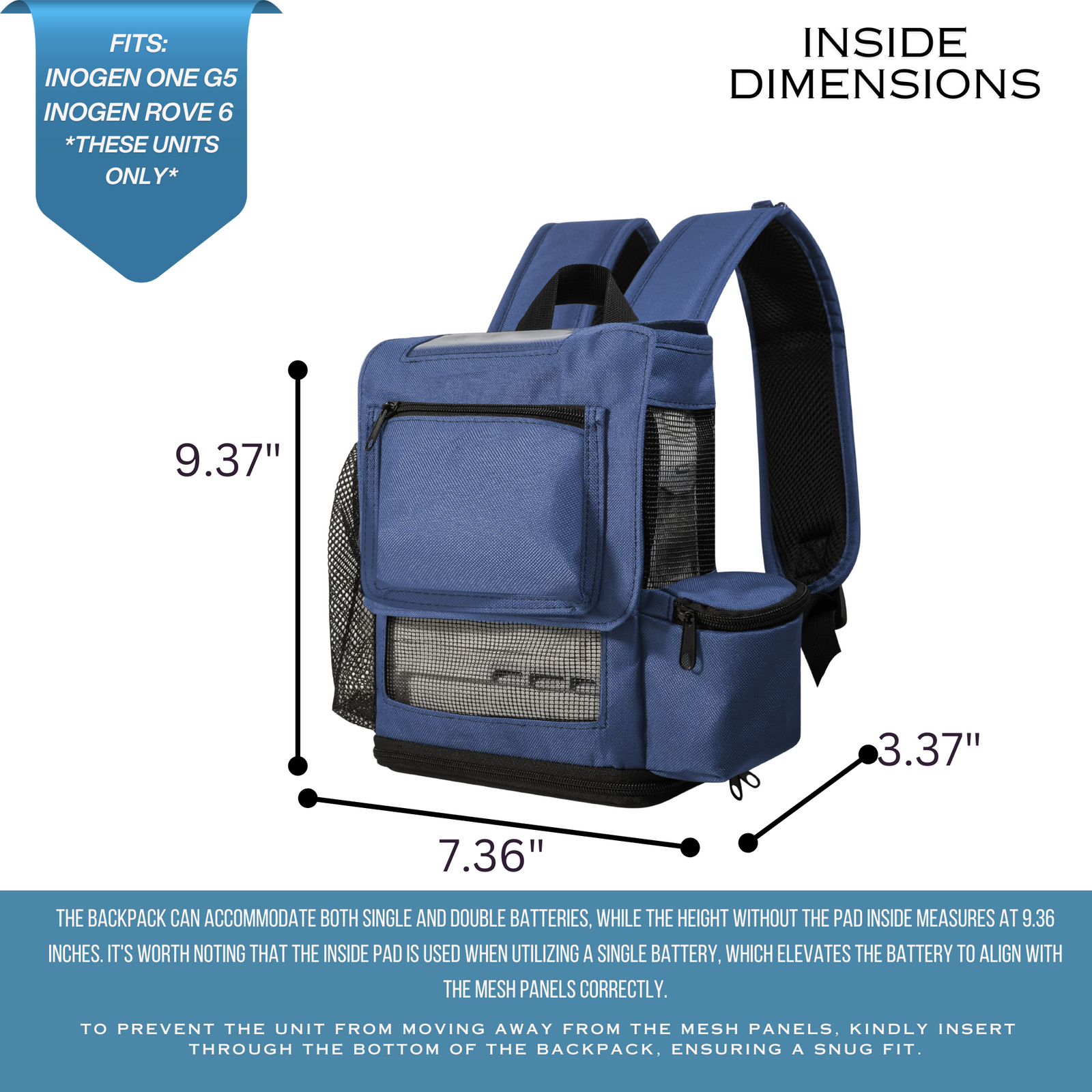 o2totes Inogen One G5 & Inogen Rove 6 Lightweight Backpack in Navy Blu