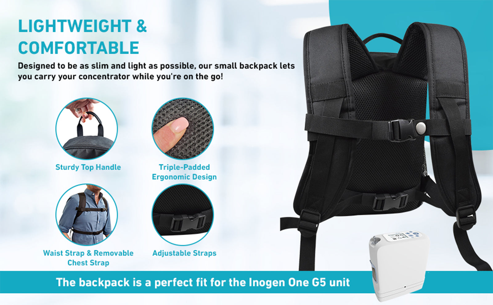Inogen One G5 & Inogen Rove 6 Lightweight backpack with storage: Room